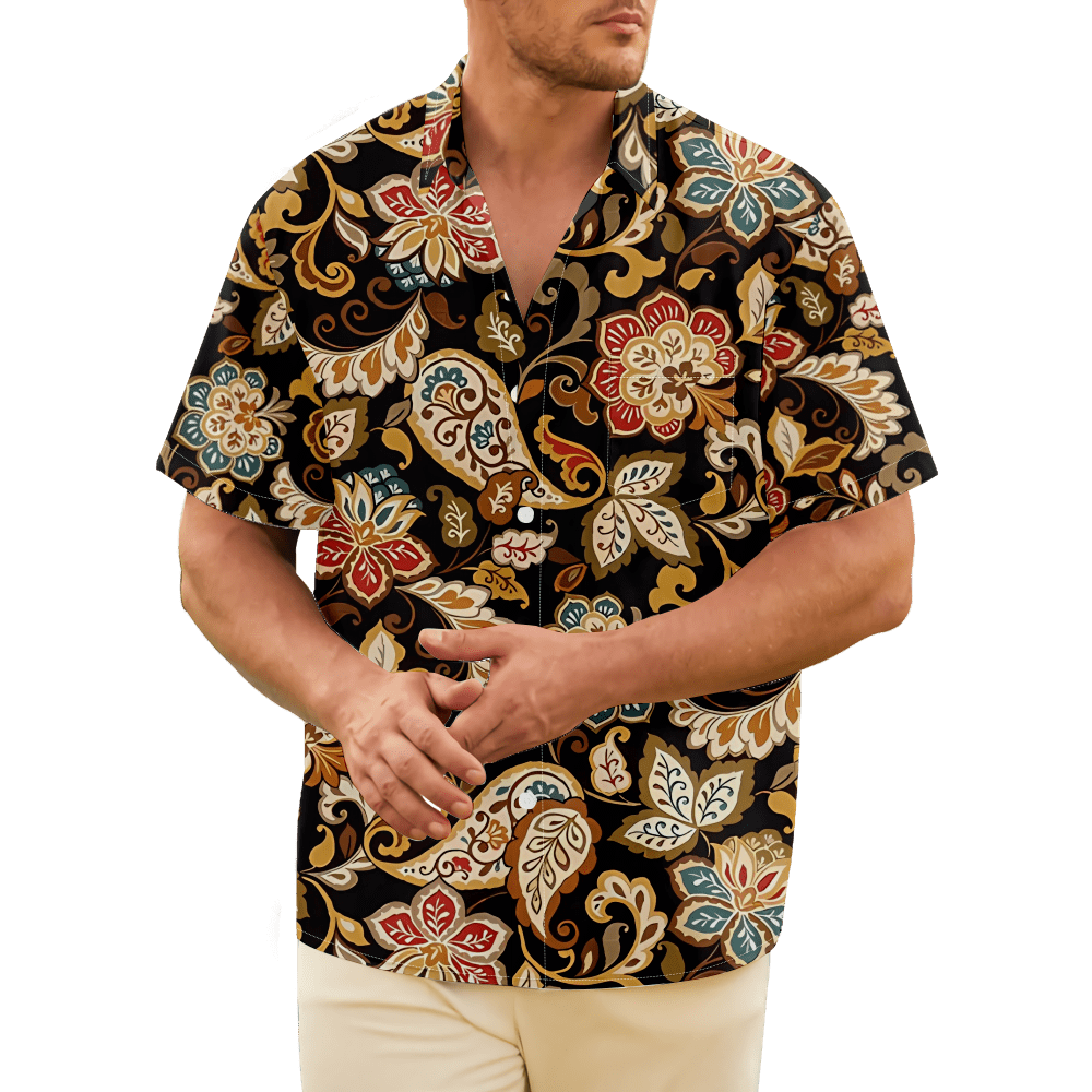Mens Flower Casual Button Down Short Sleeve Hawaiian Paisley Shirt