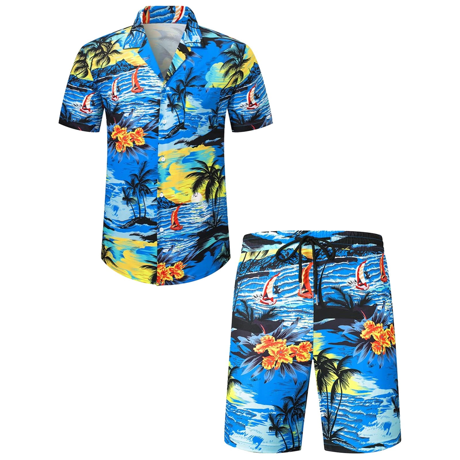 Men's Flower Shirt Short 2 Piece Hawaiian Sets Casual Button Down ...