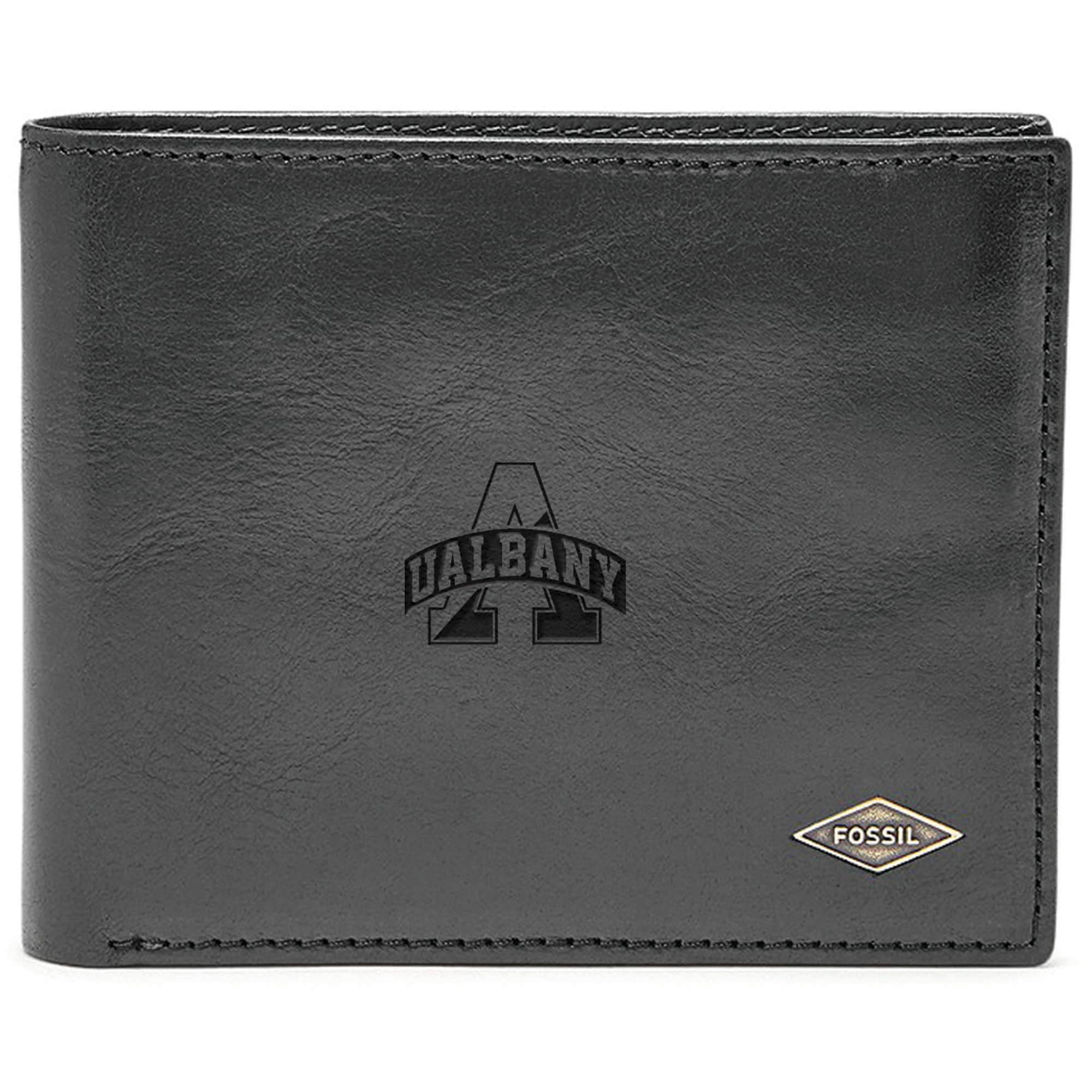 Men's Fossil Black UAlbany Great Danes Leather Ryan RFID Flip ID Bifold ...