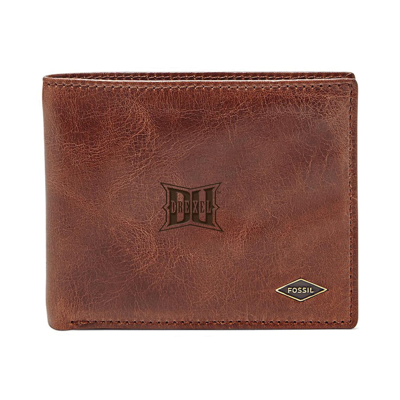Men's Fossil Brown Drexel Dragons Leather Ryan RFID Flip ID Bifold ...