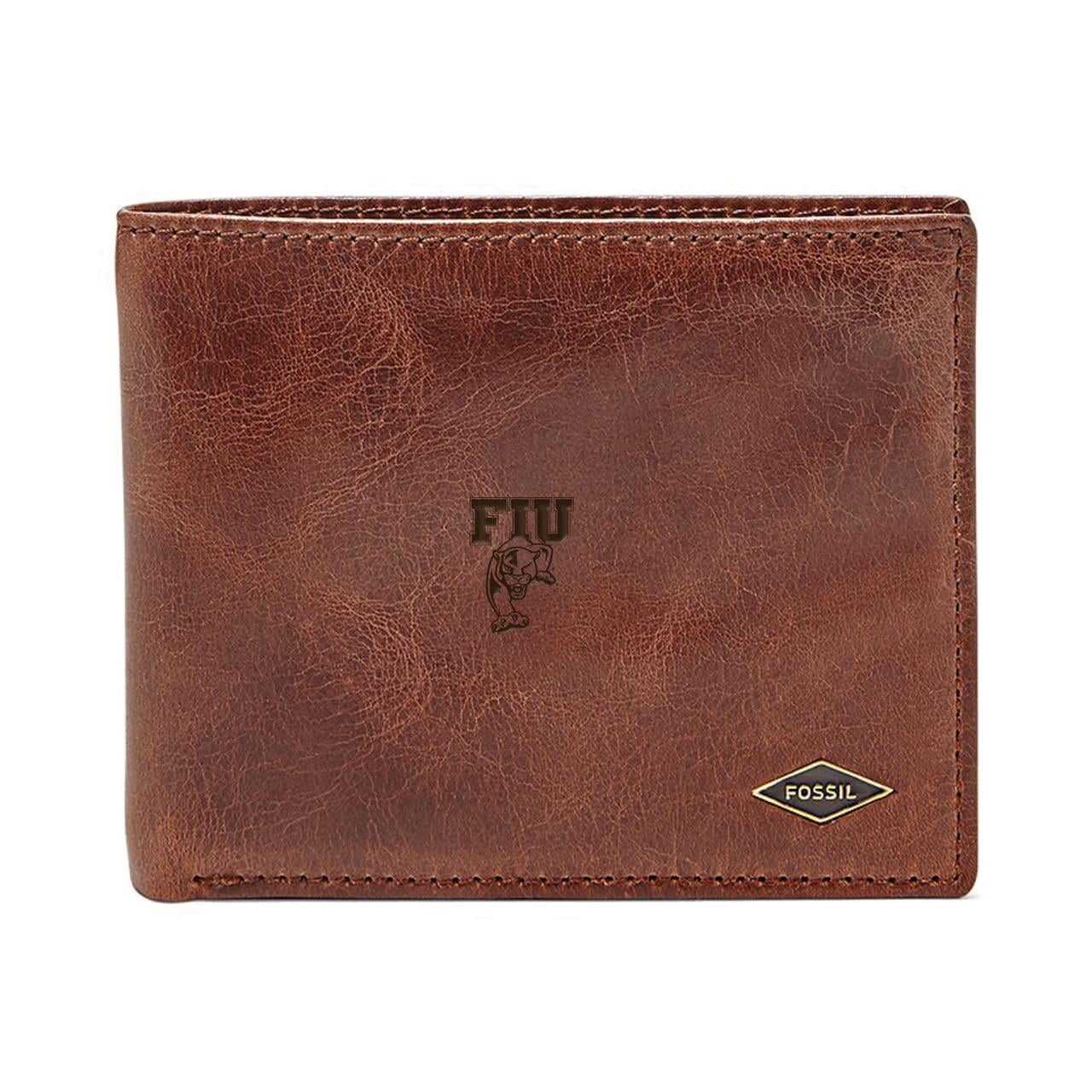 Men's Fossil Brown FIU Panthers Leather Ryan RFID Flip ID Bifold Wallet ...