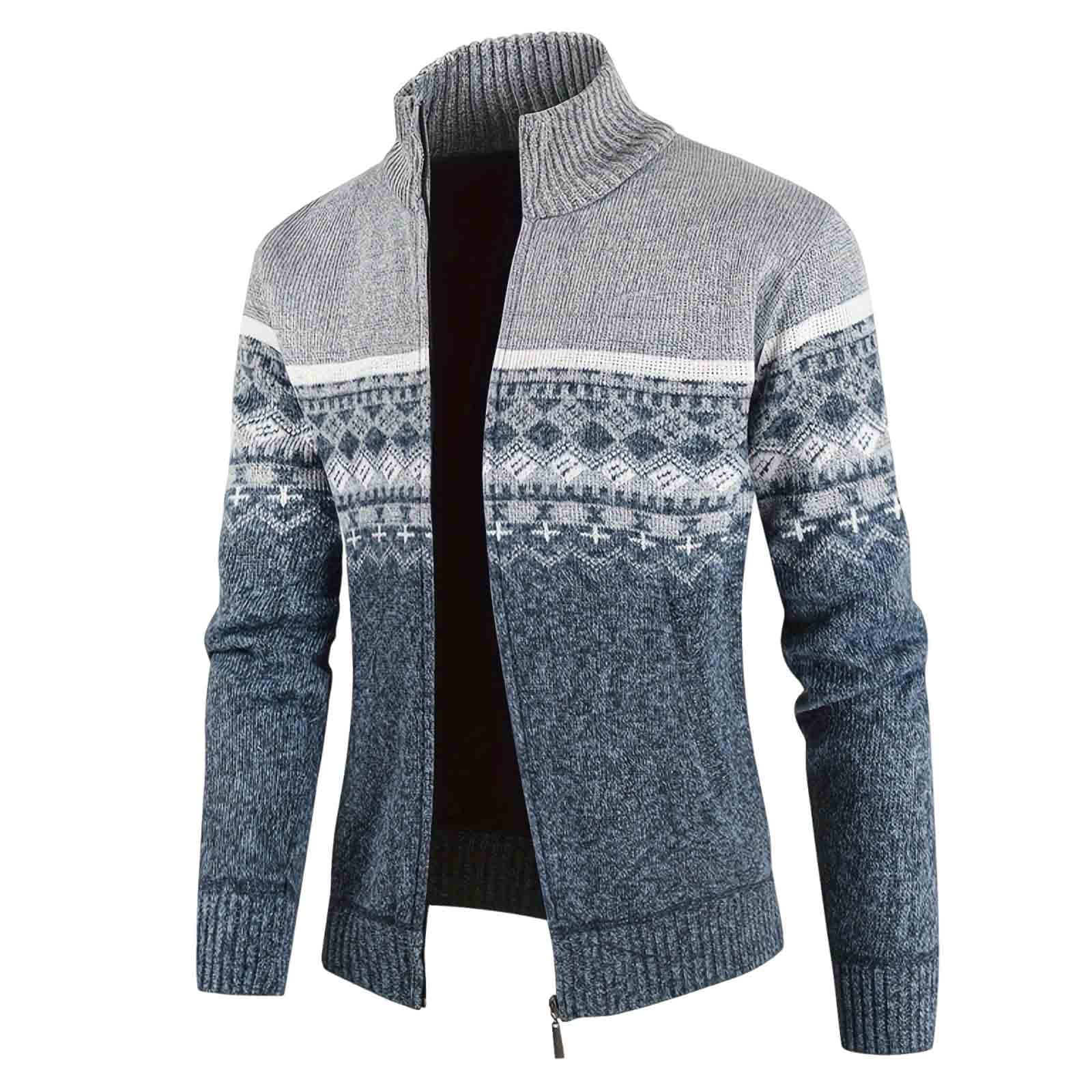 Men's Full Zip Cardigan Snowflakes Pattern Sweater Knitted Cardigan ...