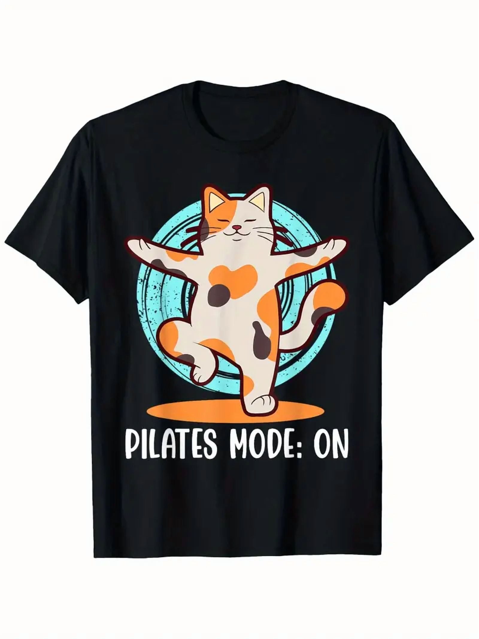 Men's Funny Cat Pilates Graphic T-Shirt - "PILATES MODE ON" Design with ...