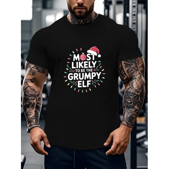 Men's Funny Grumpy Elf Christmas T-Shirt - "Most Likely to Be Grumpy ...