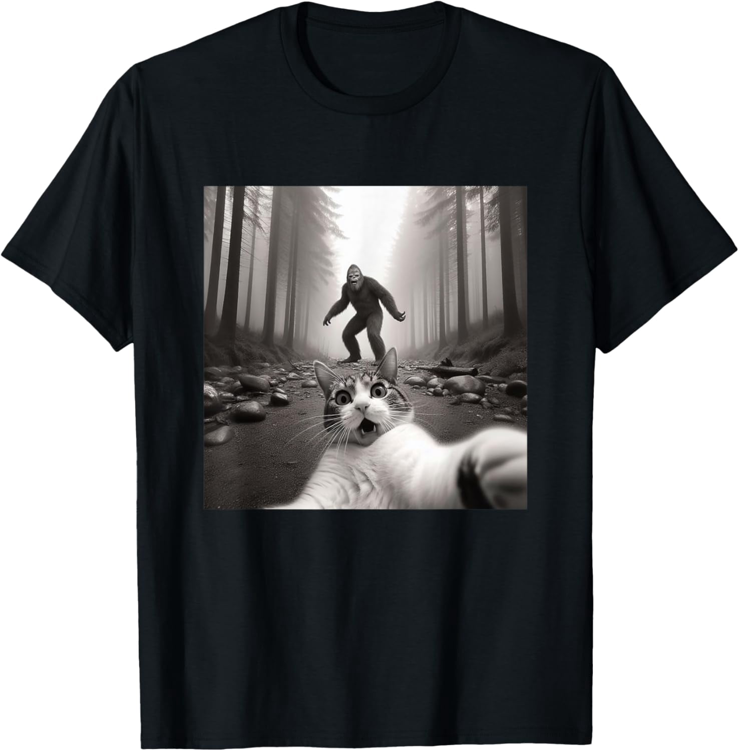 Men's Funny Surprised Scared Shirts Cat Selfie With Sasquatsch Bigfoot ...