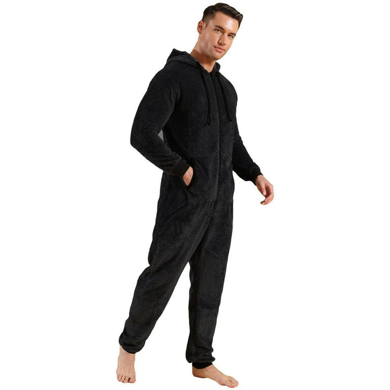 Men s Fuzzy Fleece Hooded Onesie Pajamas Loose Thick Thermal Baggy Adult Warm Full Zipper Long Sleeve Long Pants Sleepwear Lounge Fall Winter One Piece Pjs Zip Up Jumpsuit Black X Large Walmart