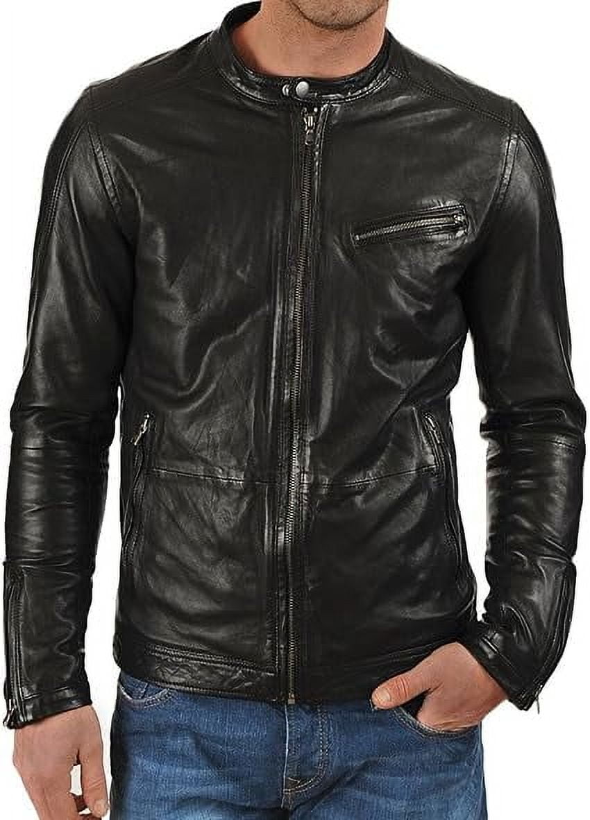 Men's Genuine Black Lambskin Leather Jacket Motorcycle Biker Jacket ...