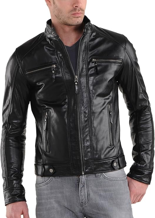 Men's Genuine Black Lambskin Leather Jacket Motorcycle Biker Jacket ...