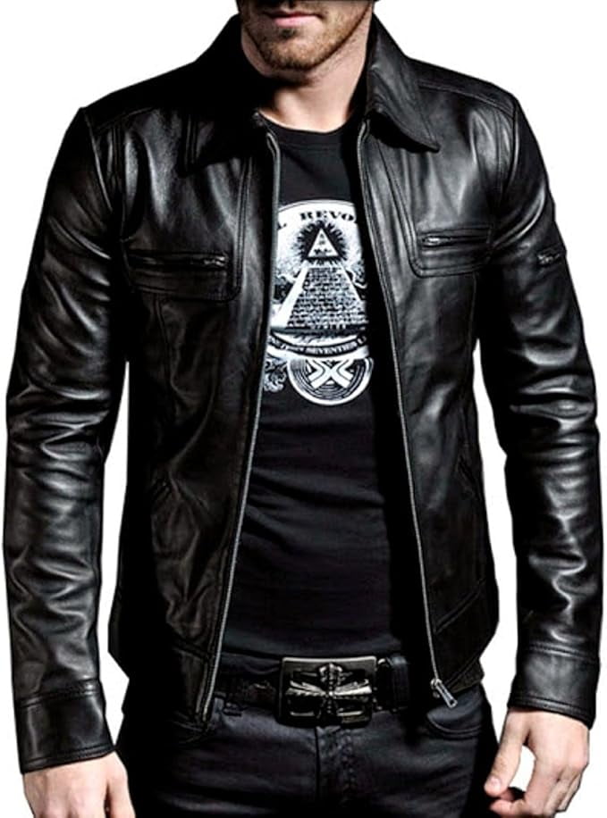 Men's Genuine Black Lambskin Leather Jacket Slim fit Biker Motorcycle ...
