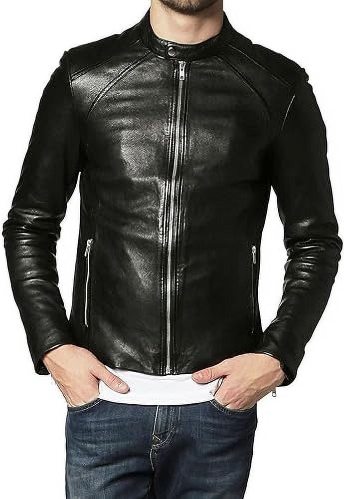 Men's Genuine Black Lambskin Leather Jacket Slim fit Biker Motorcycle ...