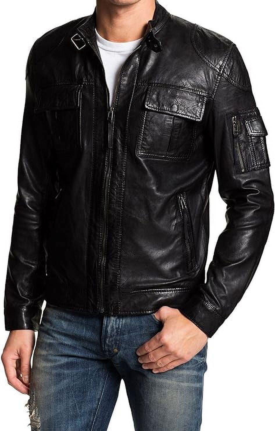 Men's Genuine Black Lambskin Leather Jacket Slim fit Biker Motorcycle jacket A724 - Walmart.com