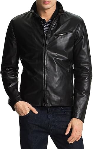 Men's Genuine Black Lambskin Leather Jacket Slim fit Moto Biker jacket ...