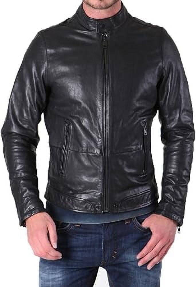 Men's Genuine Black Lambskin Leather Jacket Slim fit Moto Biker jacket ...