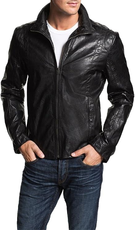 Men's Genuine Black Lambskin Leather Jacket Slim fit Moto Biker jacket ...