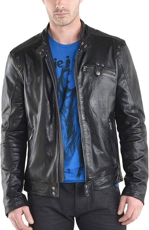 Men's Genuine Black Lambskin Leather Jacket Slim fit Moto Biker jacket ...
