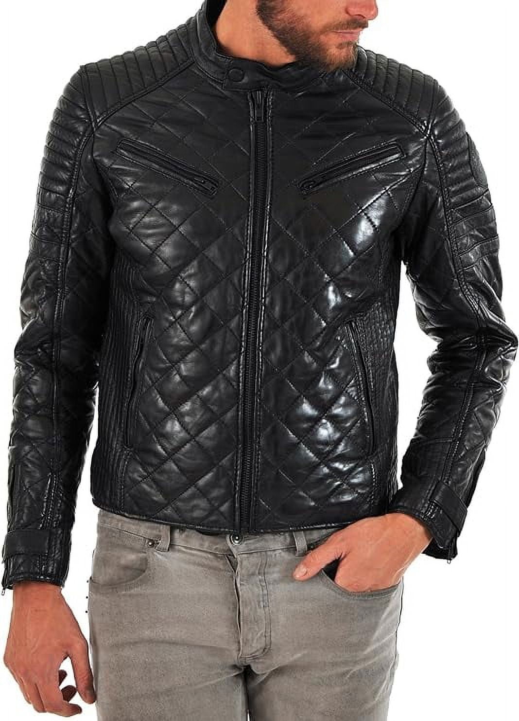Men's Genuine Black Lambskin Quilted Leather Jacket Slim fit Moto Biker ...