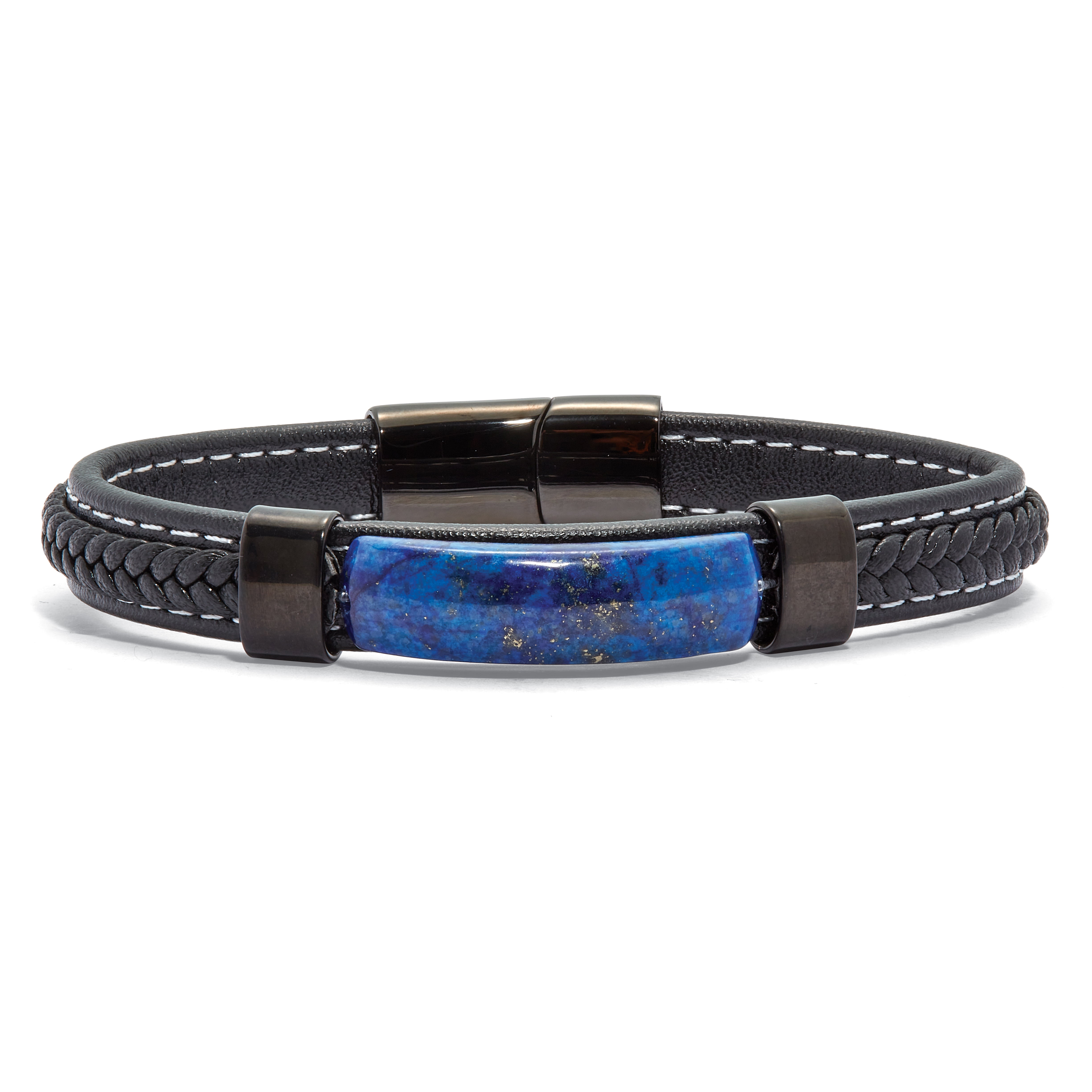 Men's Genuine Blue Lapis Black Ruthenium-Plated Braided Leather ...