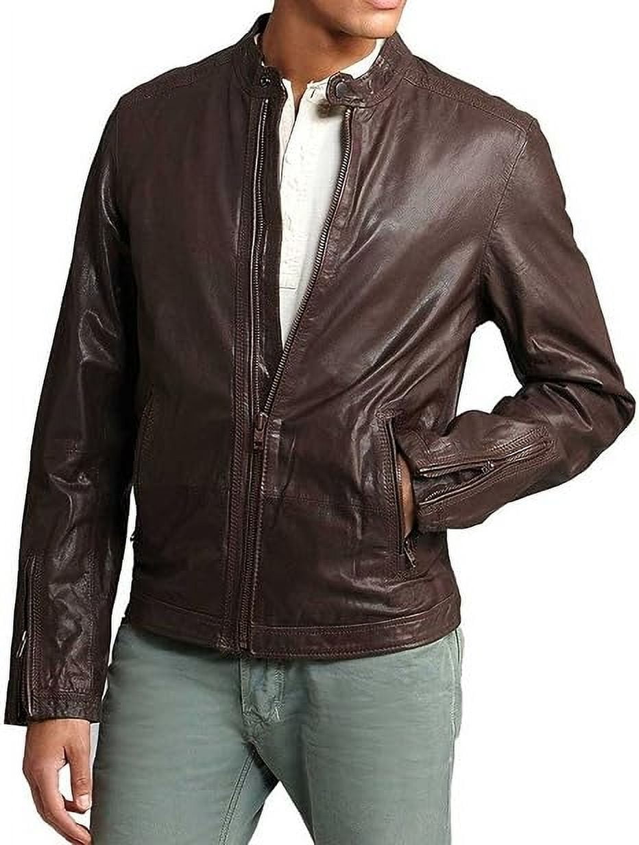 Men's Genuine Brown Lambskin Leather Jacket Slim fit Moto Biker jacket ...