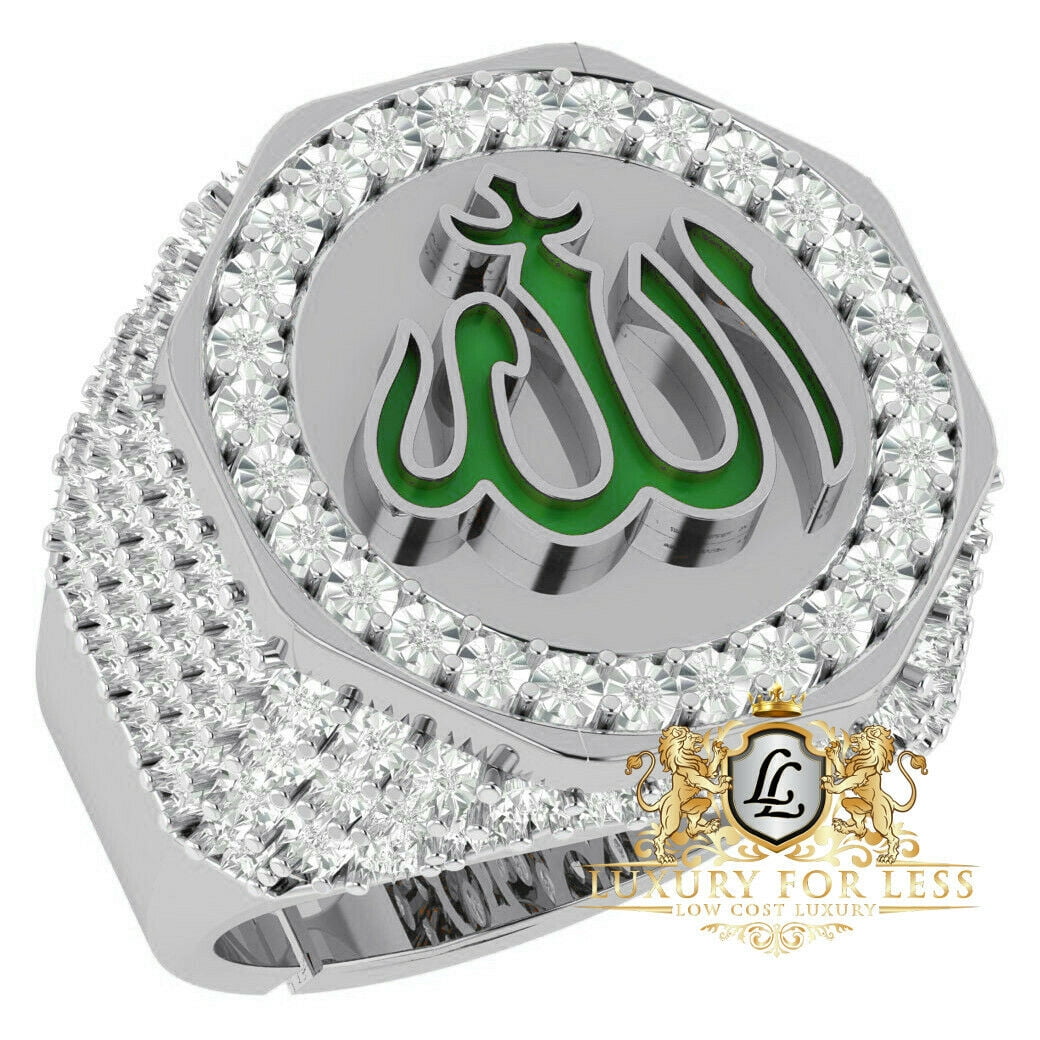 Men's Genuine Diamond 10K White Gold Over Allah God Muslim Islamic Ring ...