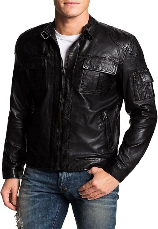 Men's Genuine Lambskin Black Leather Jacket Slim fit Biker Motorcycle jacket A917 - Walmart.com
