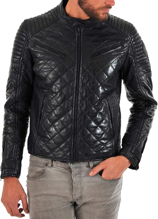Men's Genuine Lambskin Black Leather Quilted Jacket Slim fit Biker Motorcycle jacket A905 ...