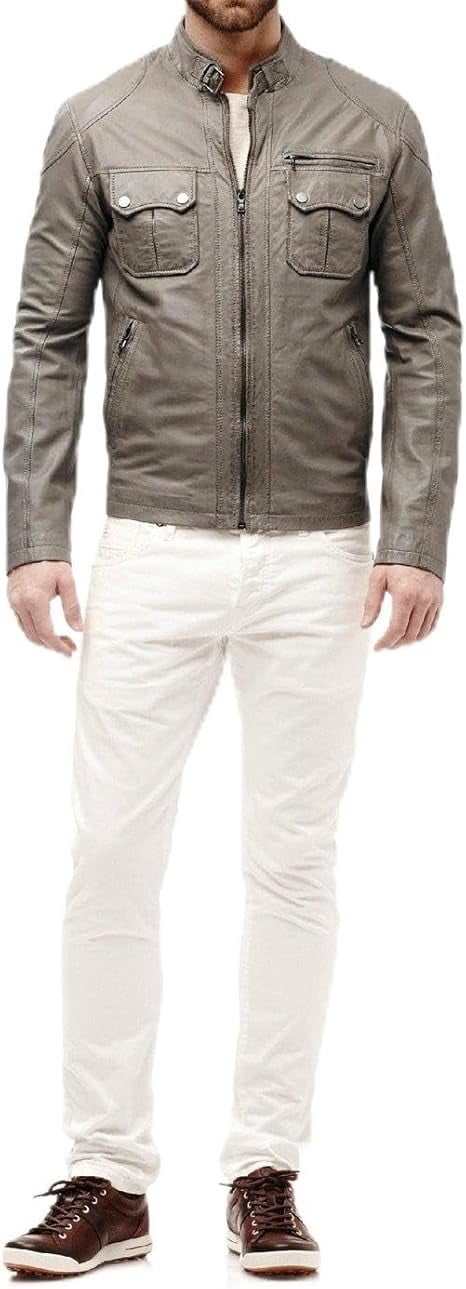 Men's Genuine Lambskin Gray Leather Jacket Slim fit Moto Biker jacket ...