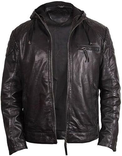 Men's Genuine Lambskin Hooded Leather Jacket Motorcycle Biker Jacket ...