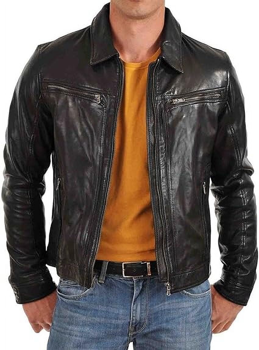 Men's Genuine Lambskin Leather Black Jacket Biker Soft Stylish Black Motorcycle Jacket A567 ...