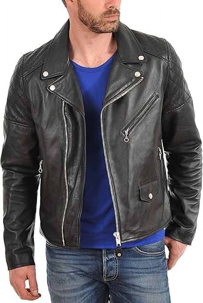 Men's Genuine Lambskin Leather Black Jacket Slim fit Moto Biker jacket A860 - Walmart.com