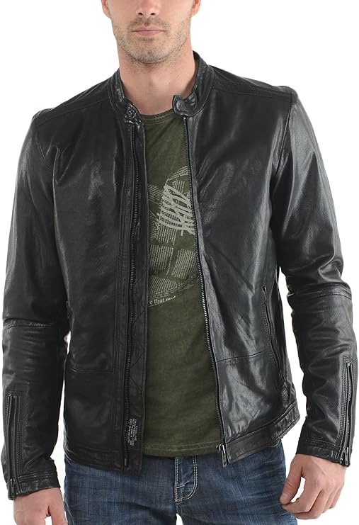 Men's Genuine Lambskin Leather Black Jacket Slim fit Moto Biker jacket Black A926 - Walmart.com