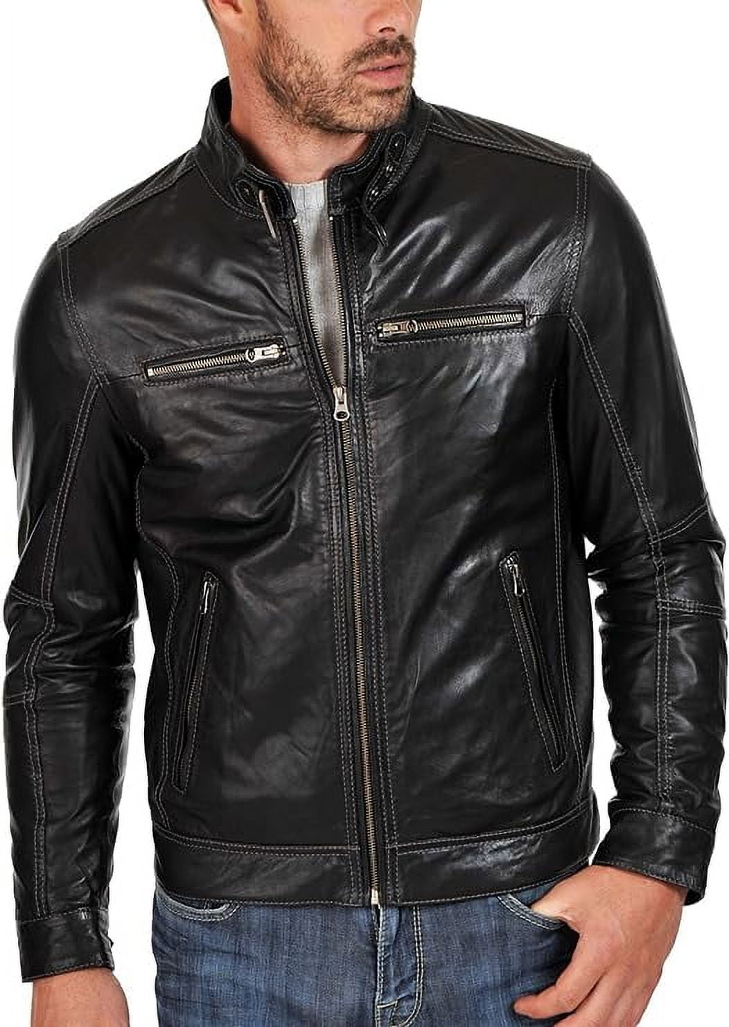 Men's Genuine Lambskin Leather Jacket Biker Soft Stylish Blue ...