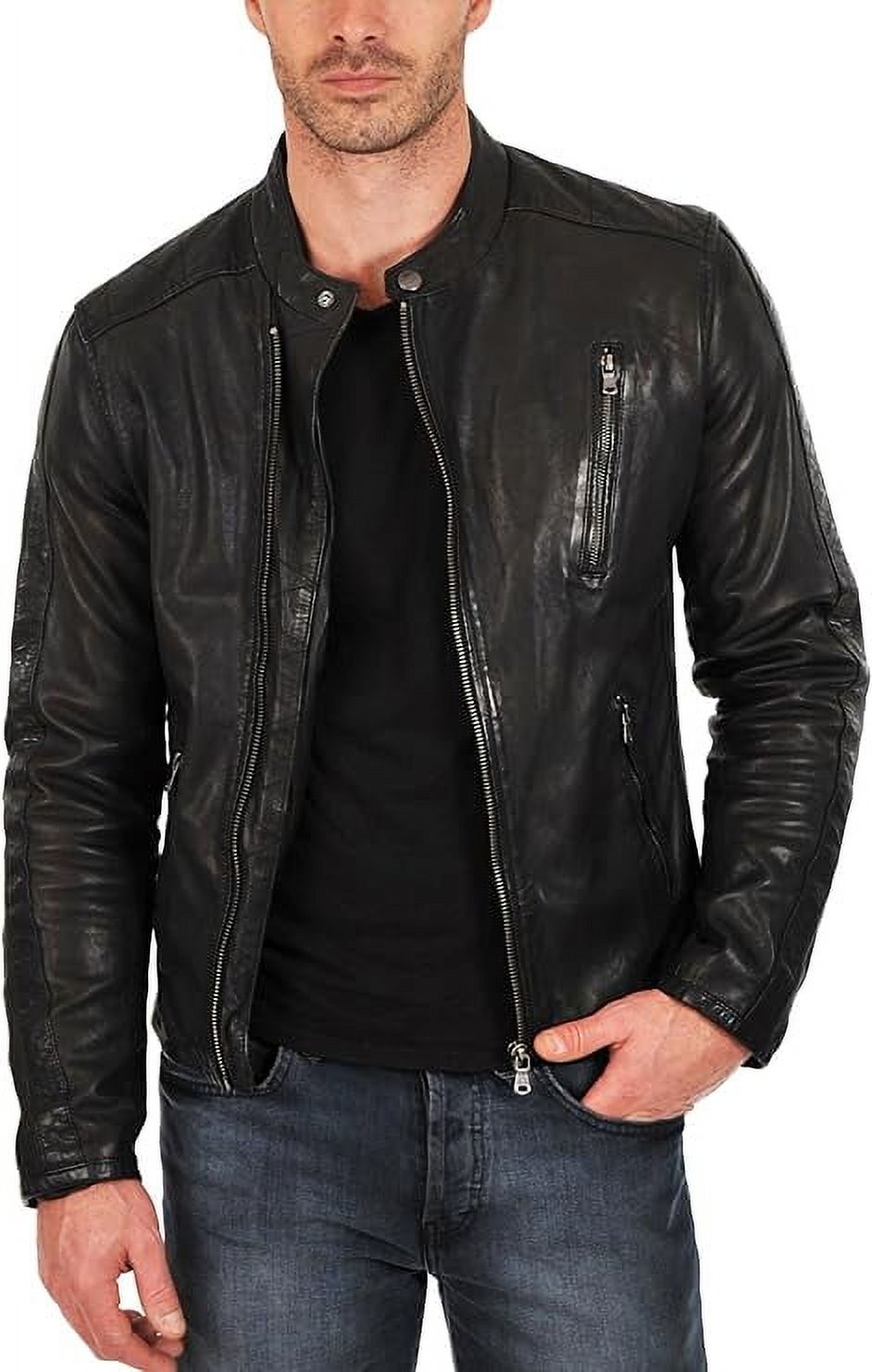 Men's Genuine Lambskin Leather Jacket Slim fit Biker Motorcycle jacket A072 - Walmart.com