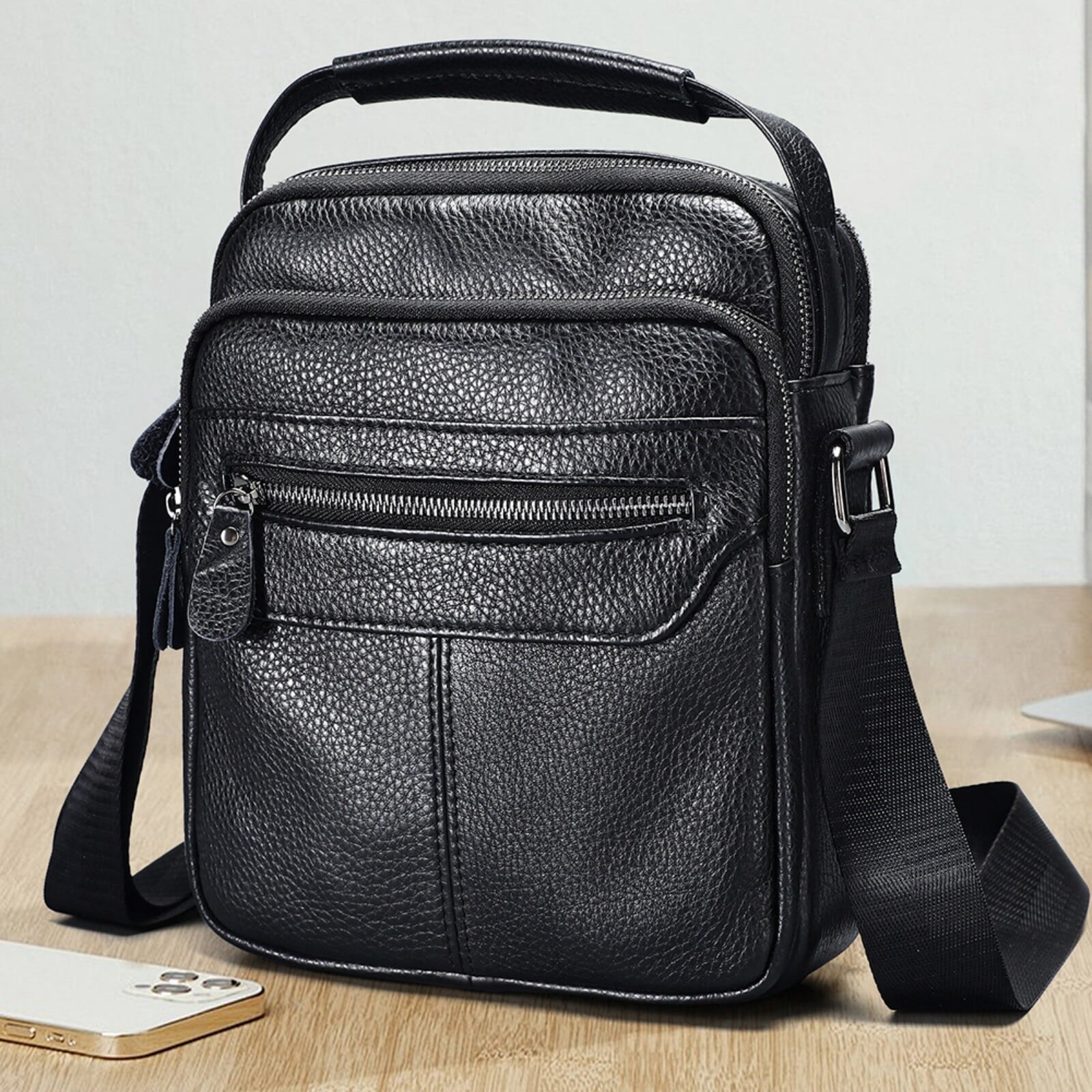 Men’s Genuine Leather Crossbody Shoulder Bag, Black Messenger Bag with ...