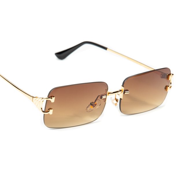 Mens Gold Frame Rectangular Brown Gradient Tint Hip Hop Rimless
