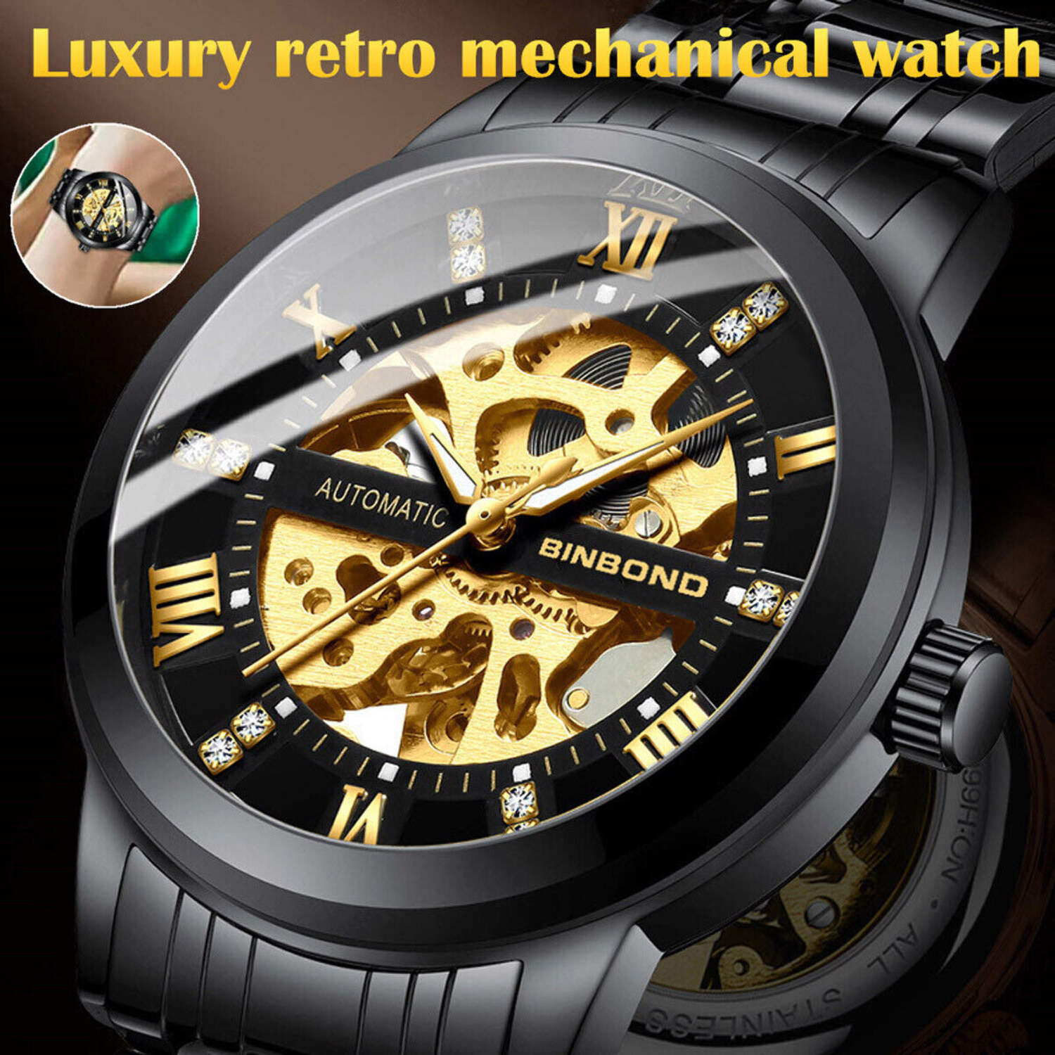 Men's Gold Tone Skeleton Mechanical Automatic Stainless Steel Watch ...