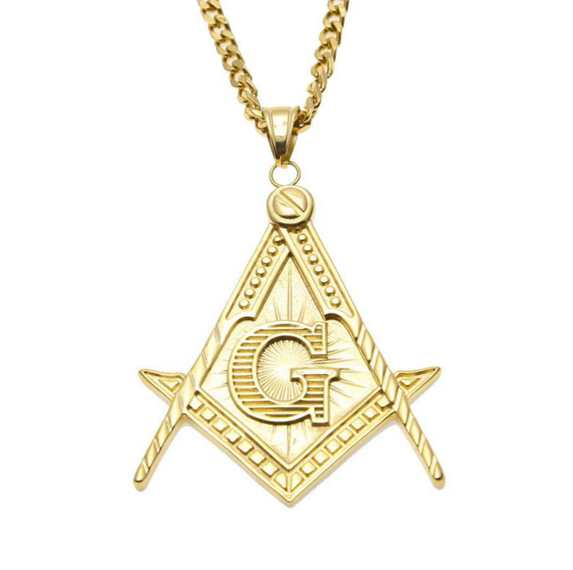 Men's Golden Masonic Symbol Pendant Necklace 14K Yellow Gold Fashion ...