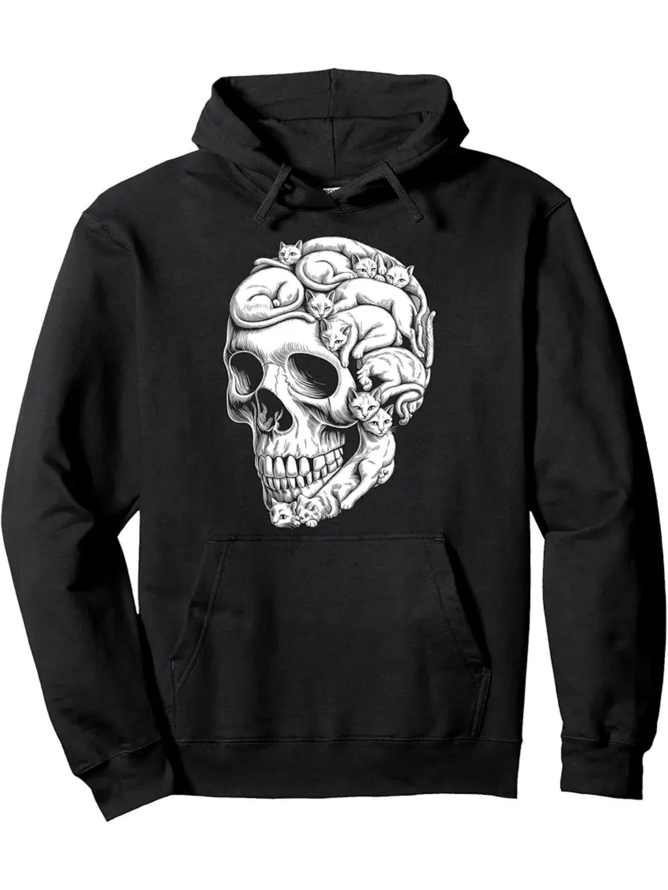 Men's Gothic Cat Skull & Kitty Skeleton Hooded Hoodie - Black & White ...