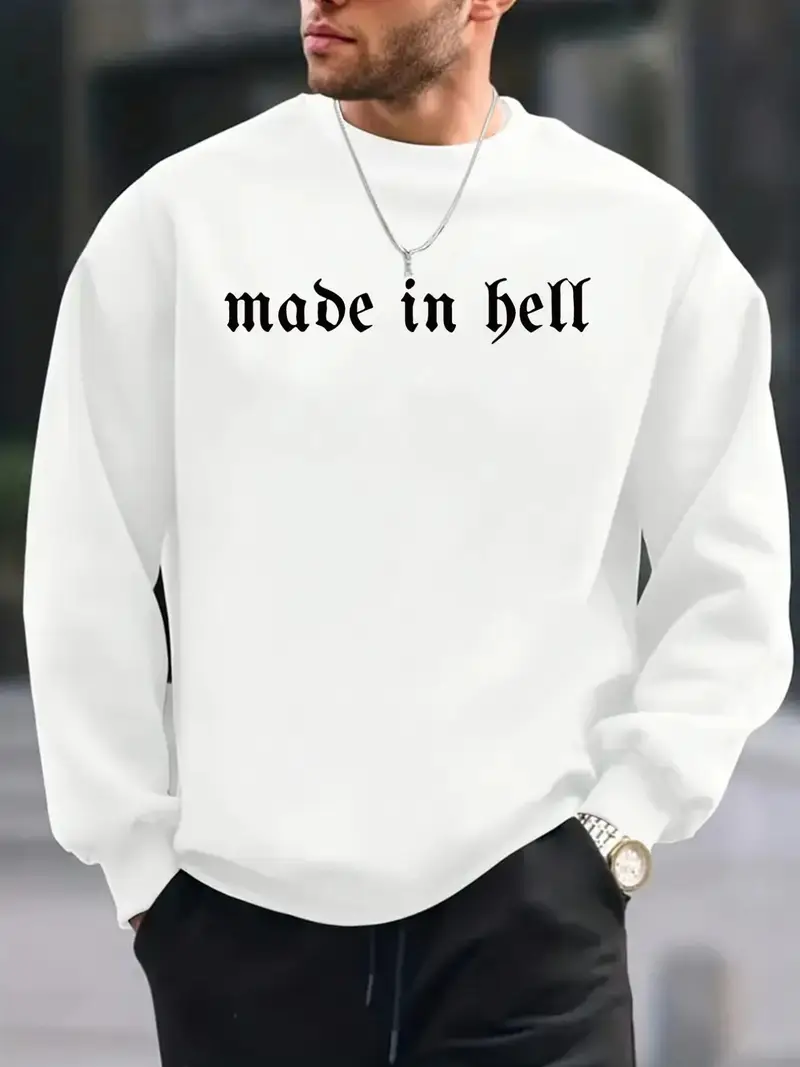 Men's Gothic "Made in Hell" Print Oversized Round Neck Sweatshirt ...