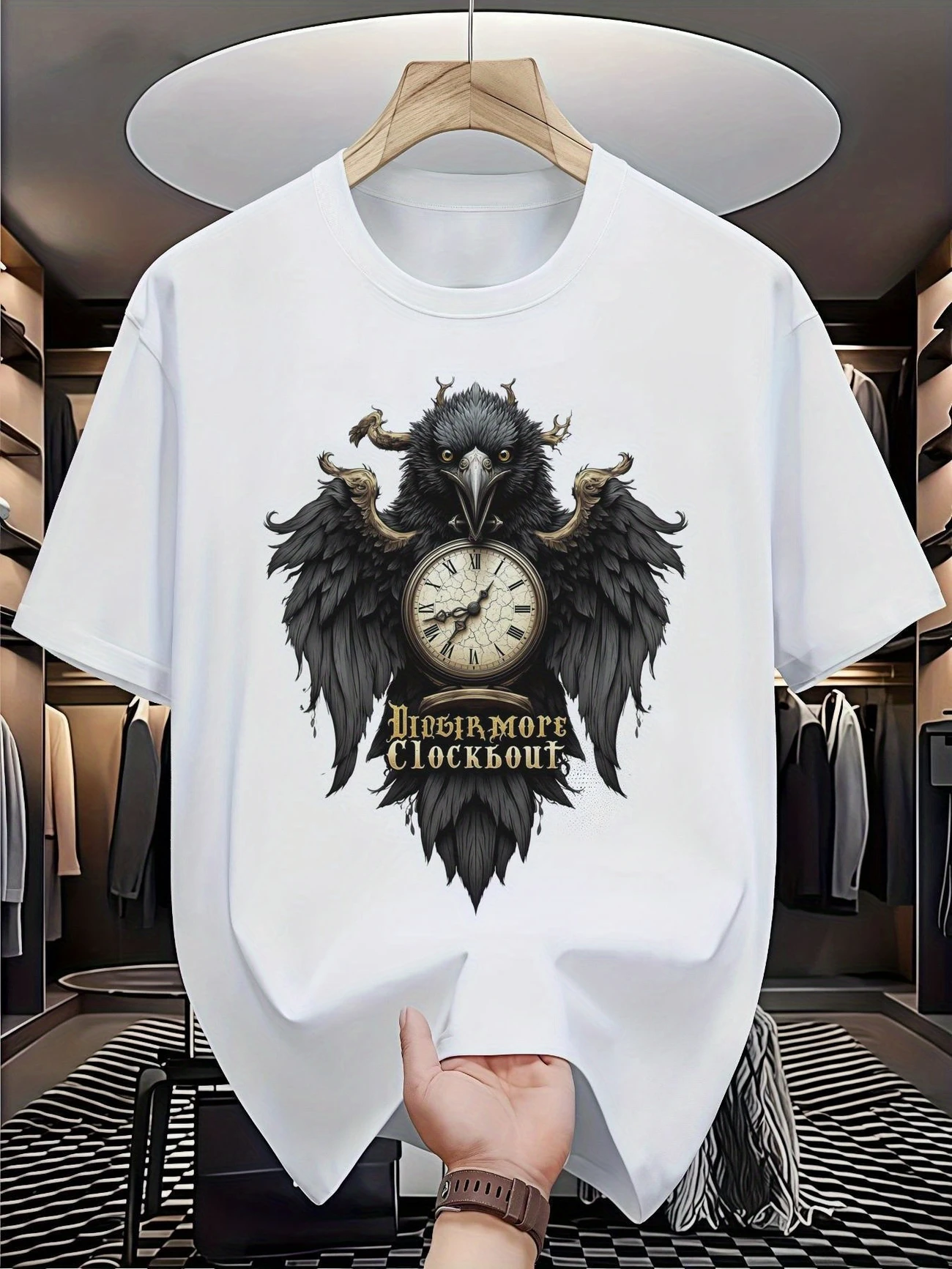 Men's Gothic Raven Clock Graphic T-Shirt - White Tee with Functional ...