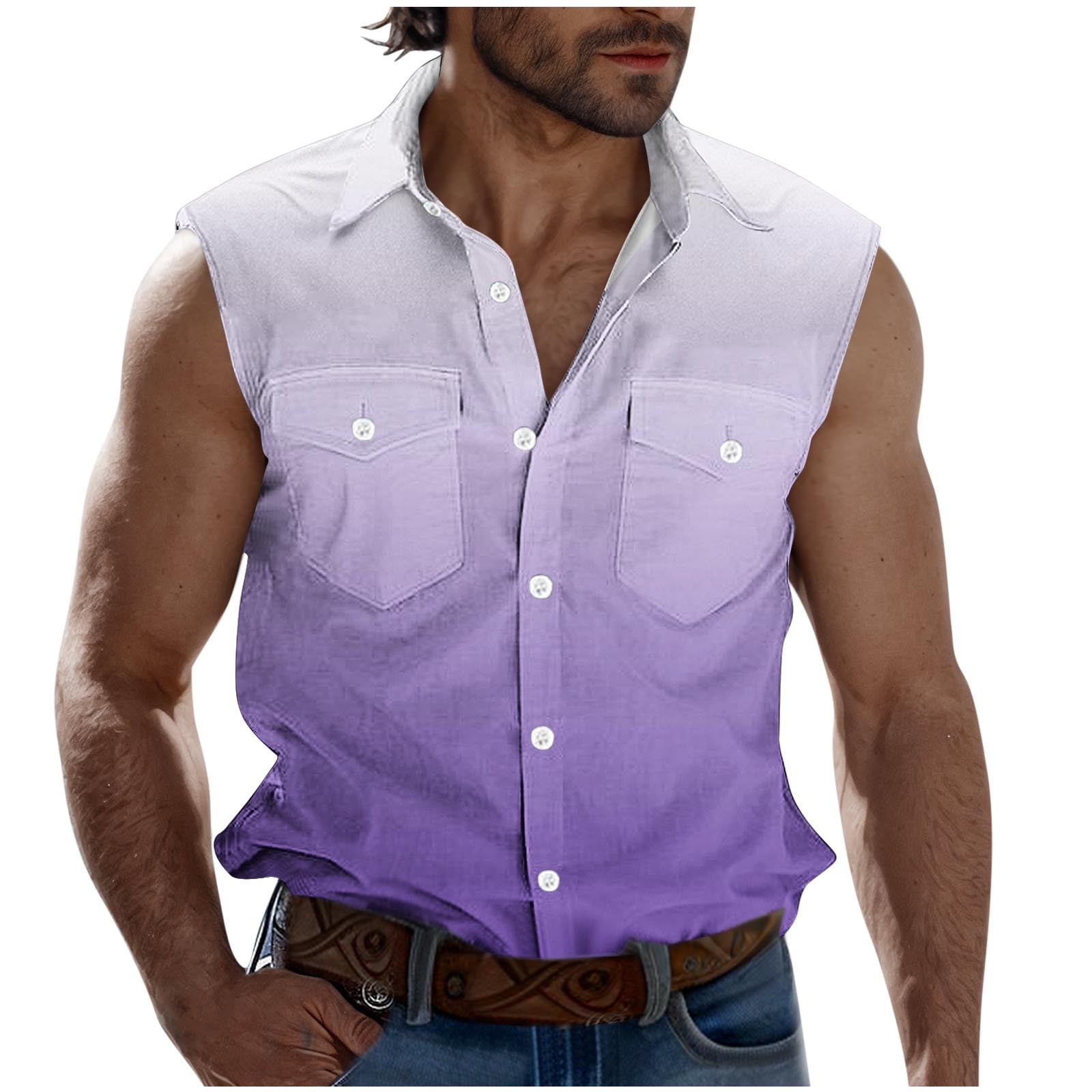 Men's Gradient Print Sleeveless Shirt Casual Fashion Tank Top Turn down ...