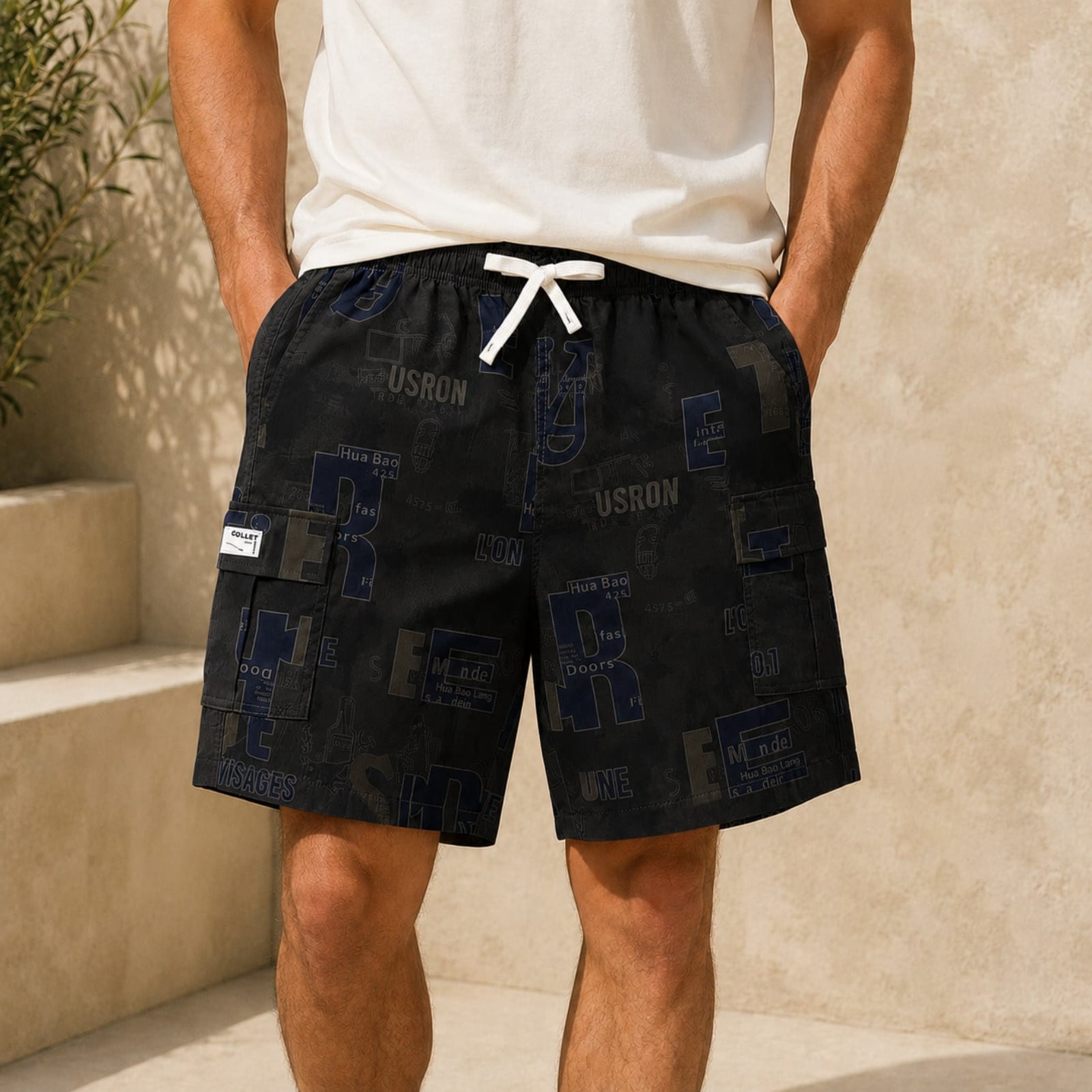 Men’s Graphic Cargo Shorts, Elastic Waist Drawstring Casual Shorts with ...
