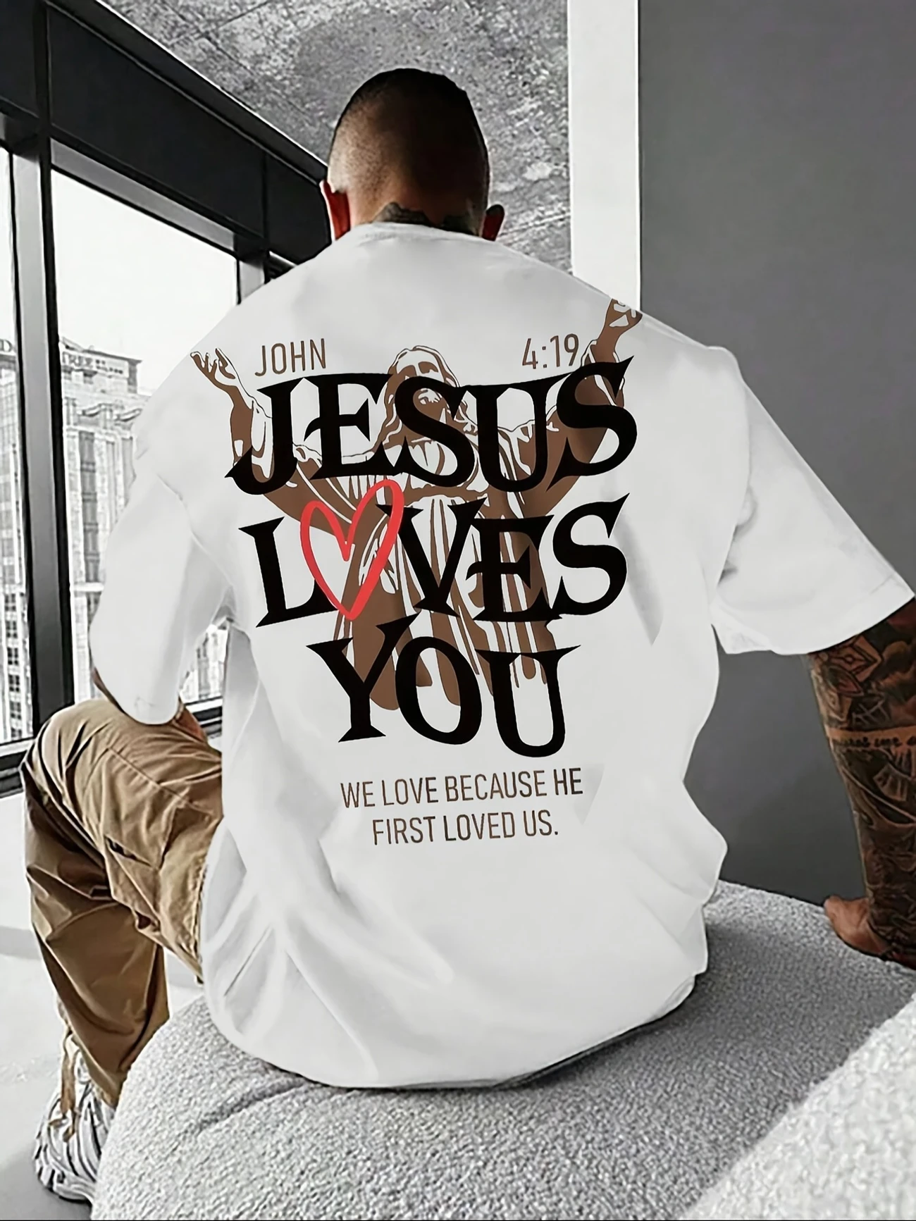 Men's Graphic T-Shirt | "JESUS LOVES YOU" Crew Neck Short Sleeve, White ...
