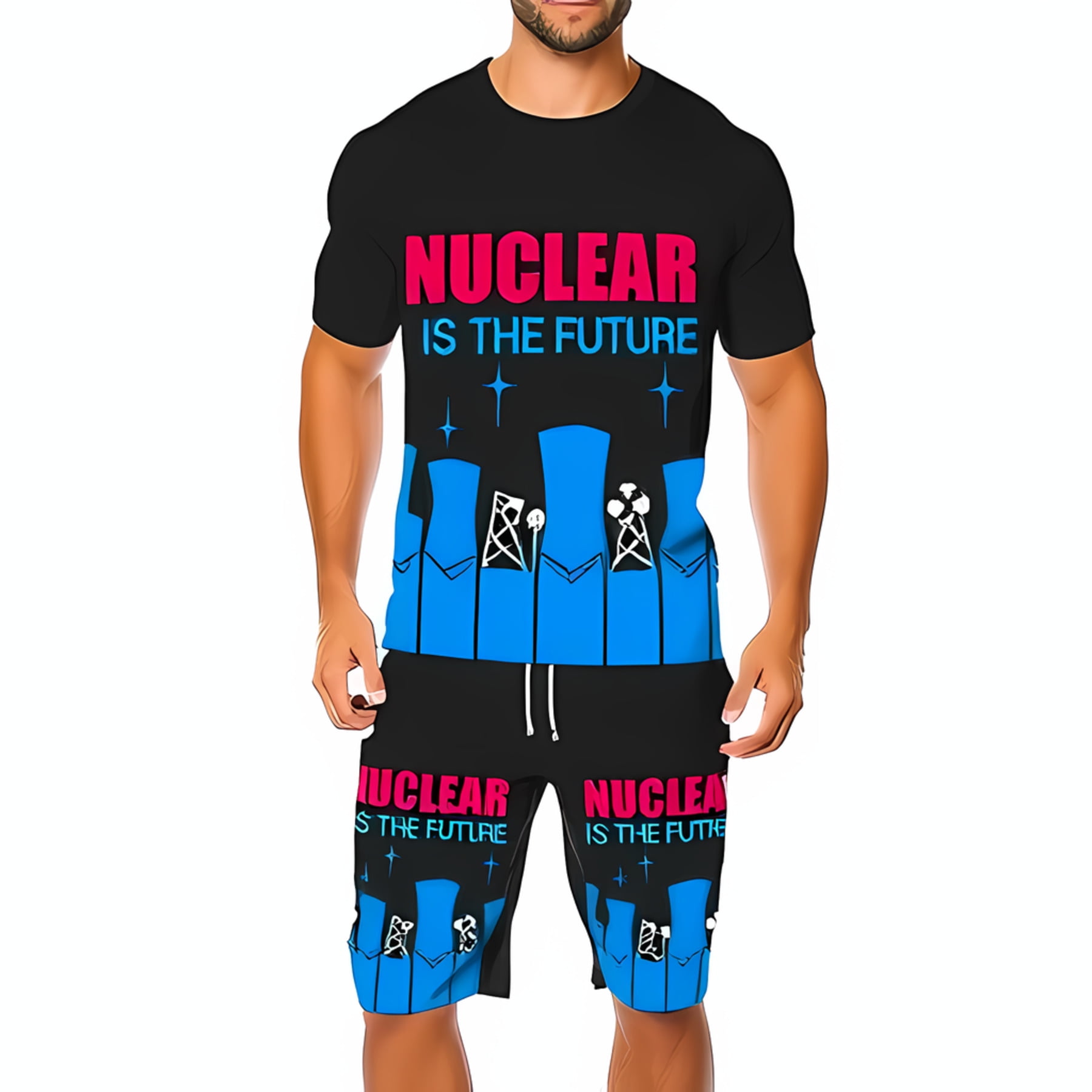 Men's Graphic T-Shirt and Shorts Set - Black with Bold Blue Nuclear ...