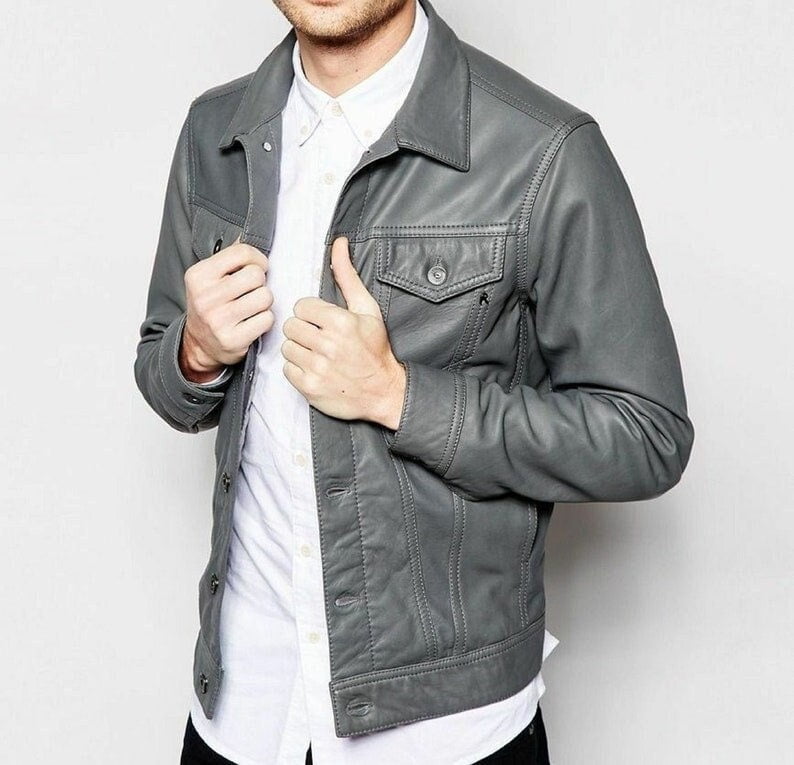 Men's Gray 100% Genuine Lambskin Leather Biker Jacket - Men's Vintage ...