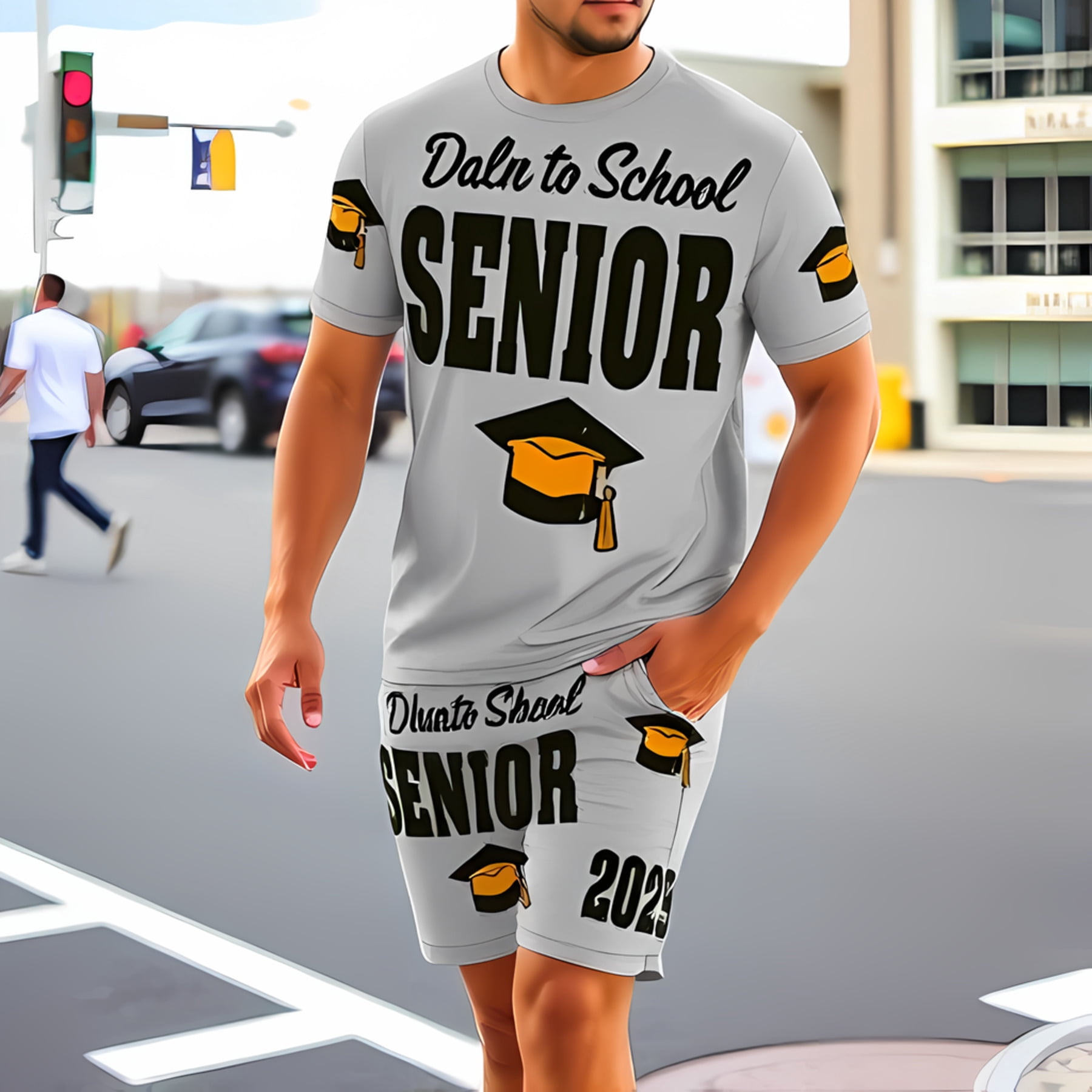 Men's Gray Graduation T-Shirt and Shorts Set - Bold 'SENIOR' Text with ...