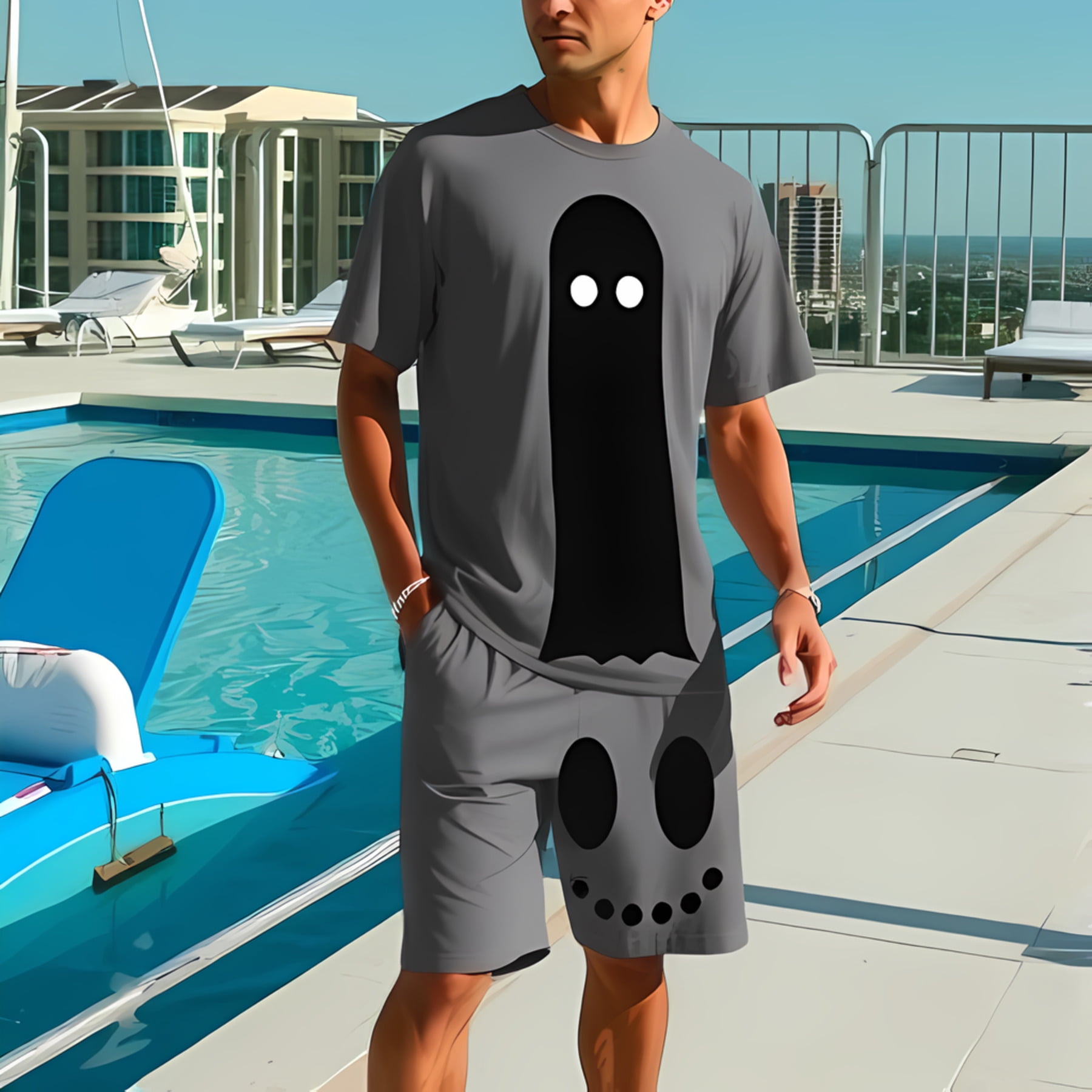 Men's Gray T-Shirt and Shorts Set with Bold Black Cartoon Character ...