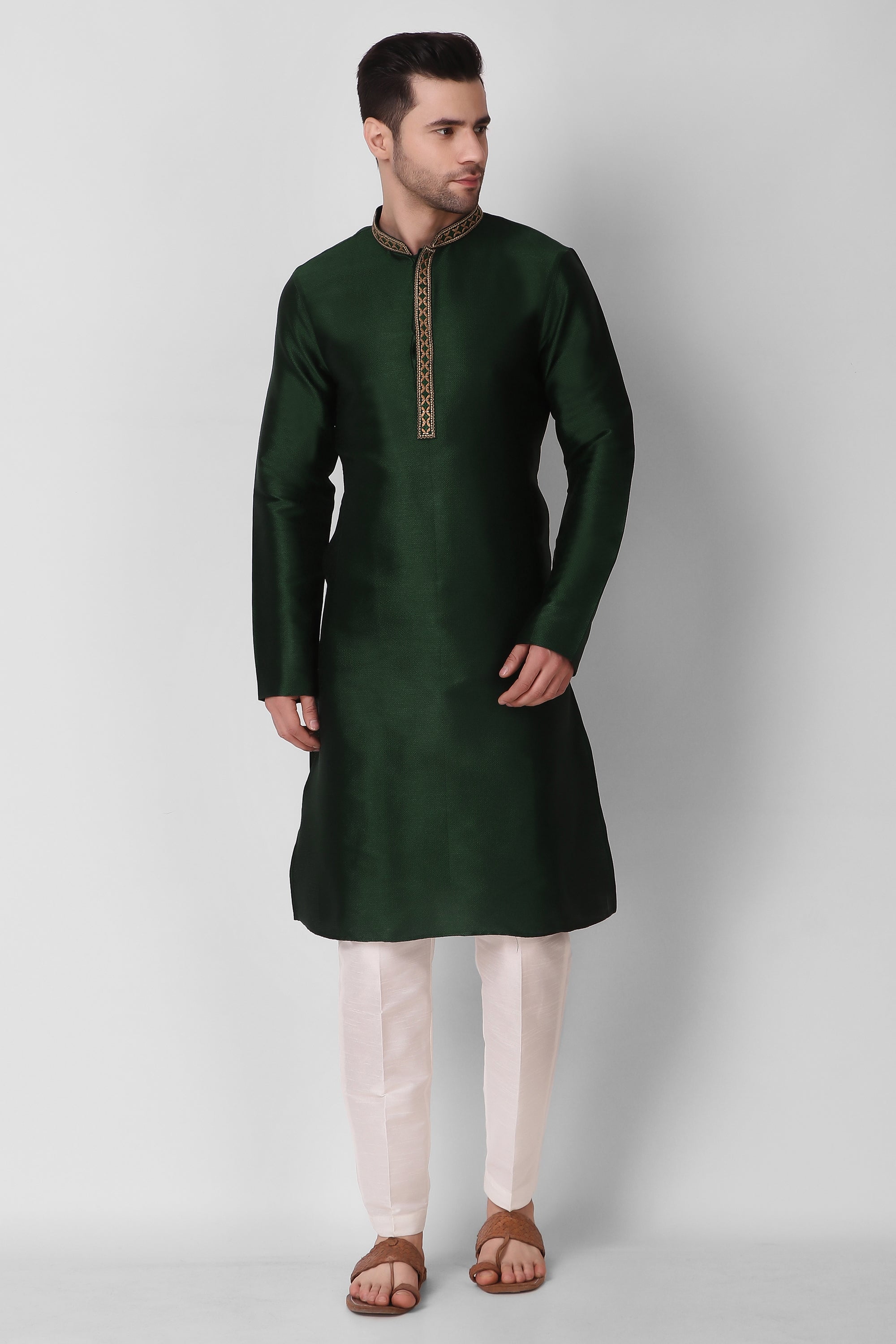 Men's Green Color Indian Traditional Wear Tunic Cotton Kurta Pajama Set ...
