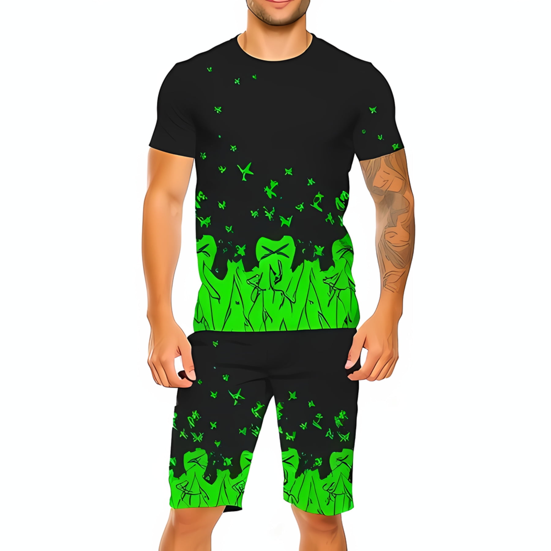 Men's Green Dripping Graphic T-Shirt & Shorts Set - Bold Abstract ...
