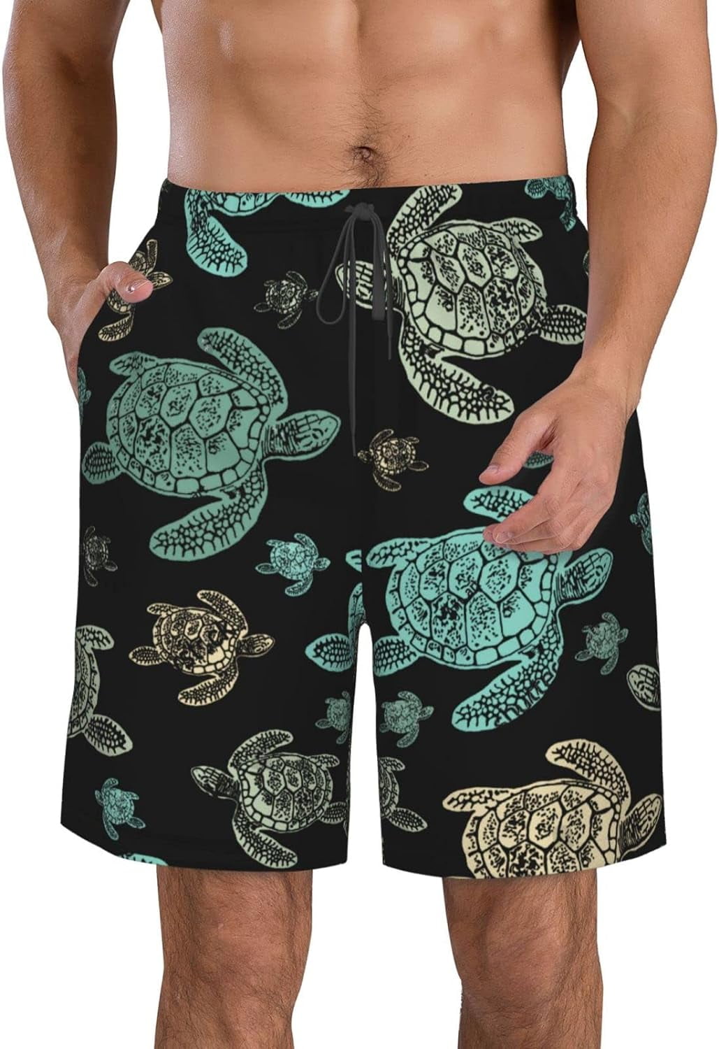 Men's Green Sea Turtles Heart Design Patterned Black Swim Trunks Quick ...