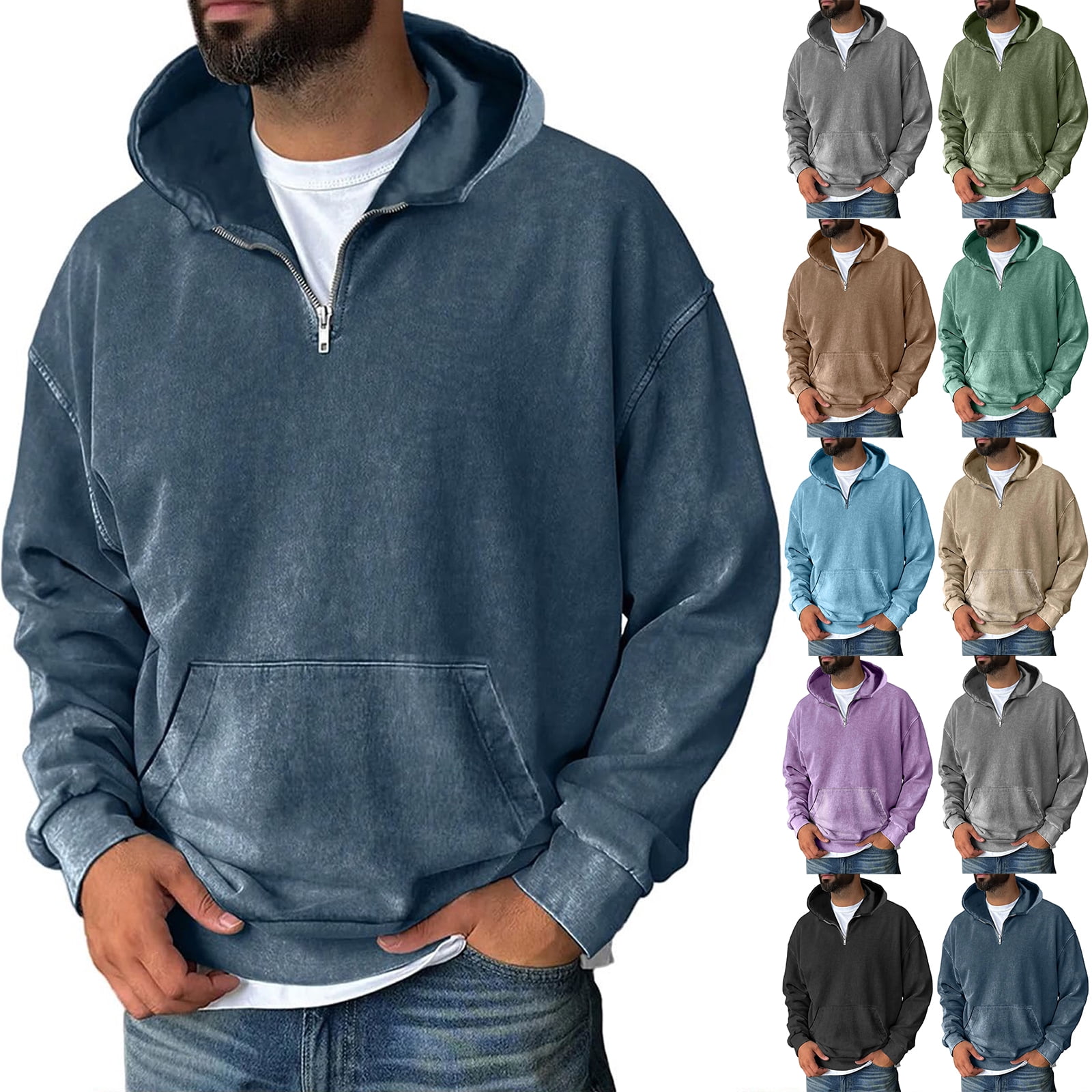 Men's Half Zip Denim Hoodie Pullover Sweatshirt Jean Jacket with Pocket ...